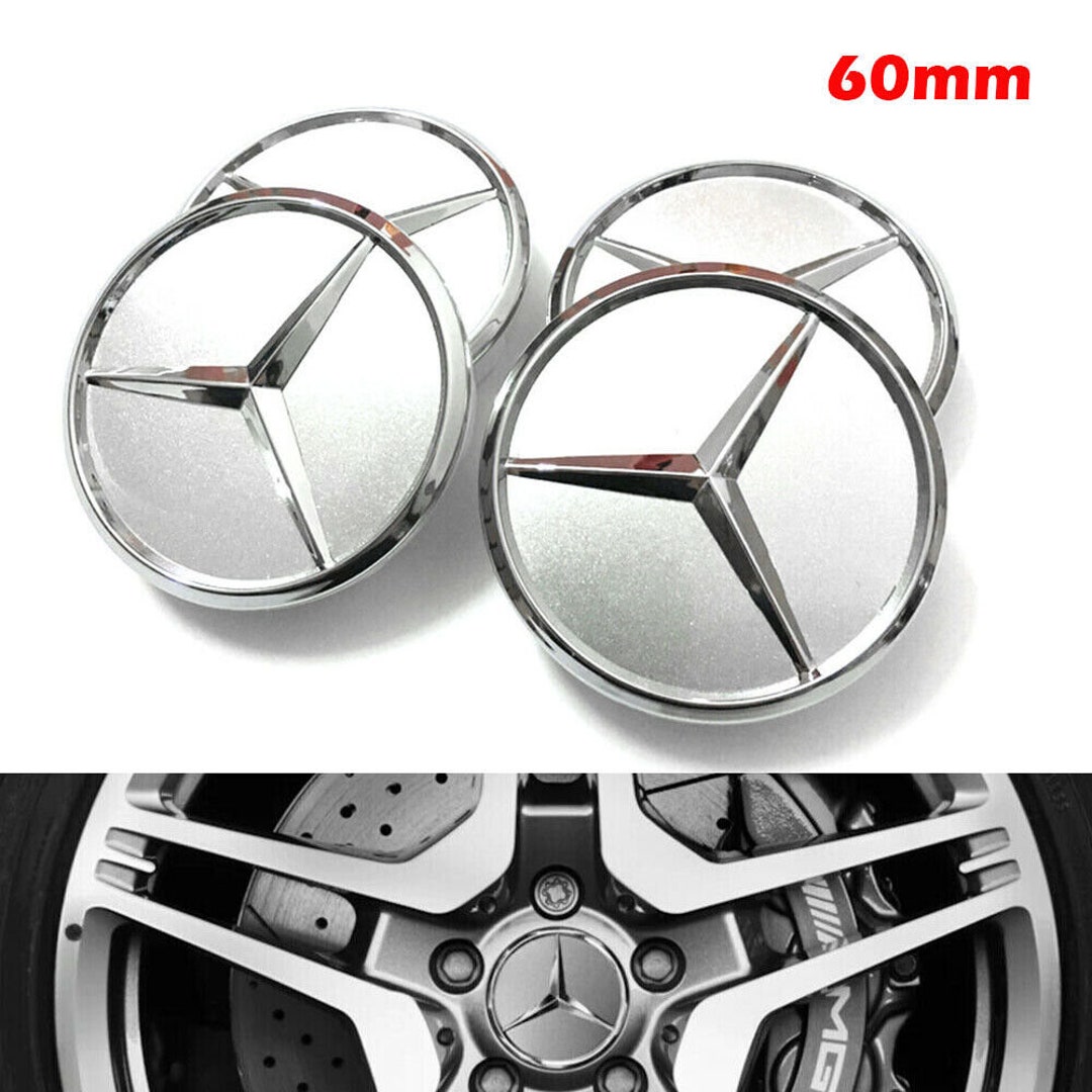 Set of 4 Hub Covers 60mm Mercedes Emblem Rim Wheel Center Badge Silver ...