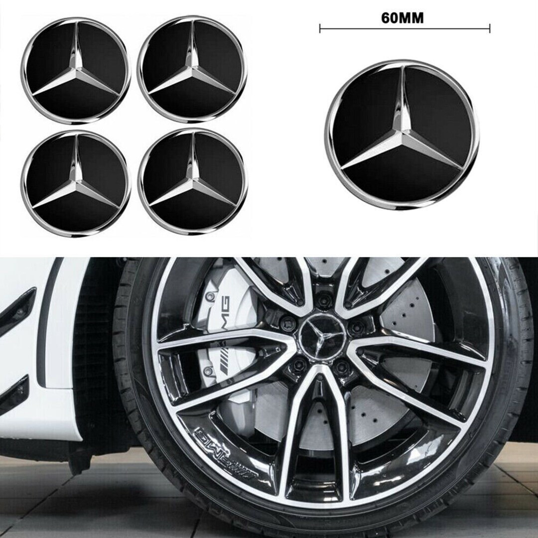 Set of 4 Logo 60mm Matte Black Mercedes Emblem Rim Hub Cover Wheel ...