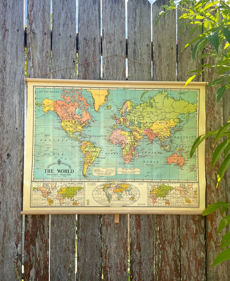 World Map Large Pull-down School Map Vintage Replica - Etsy