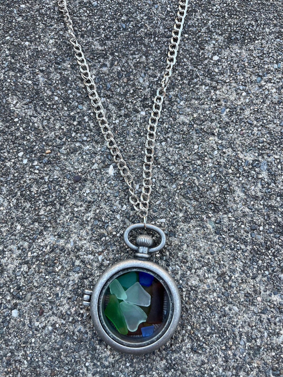 Beach Glass Pocket Watch Frame Locket thick Long Chain - Etsy