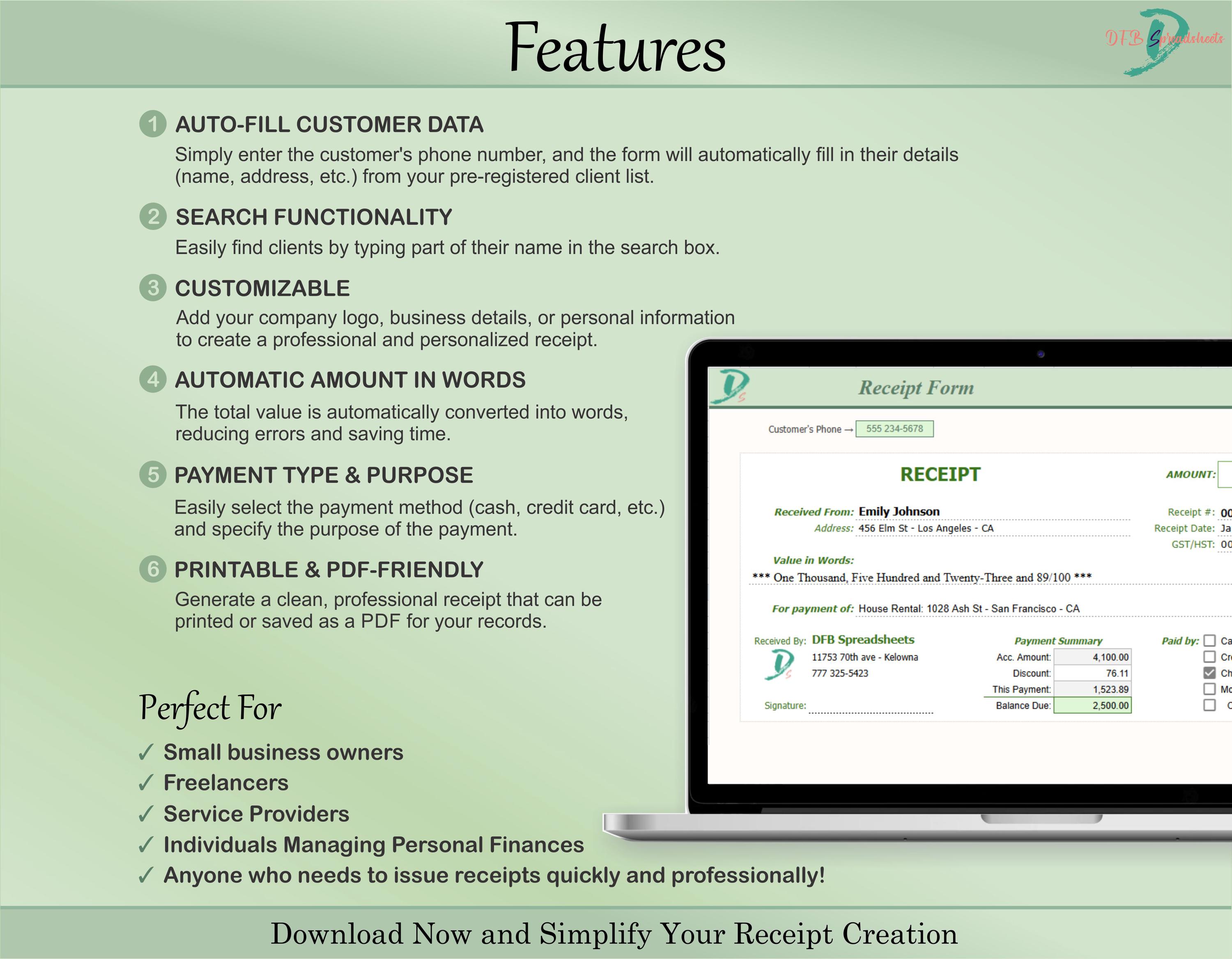 Customizable Receipt Spreadsheet, Automatic Amount in Words Generation ...
