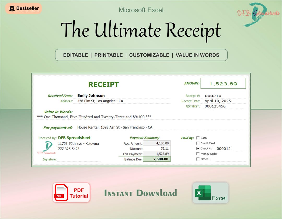 Customizable Receipt Spreadsheet, Automatic Amount in Words Generation ...