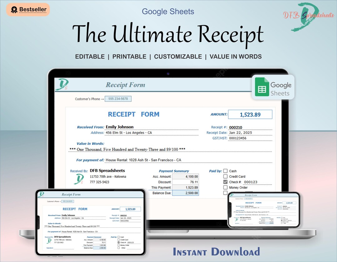 Professional Receipt Form Template: Google Sheets, Autofill (digital ...