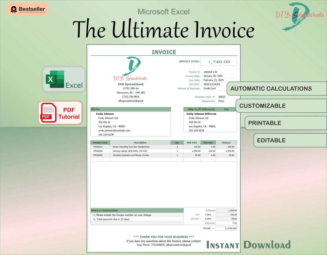 Customizable Invoice Template, Automated Calculations and Printing ...