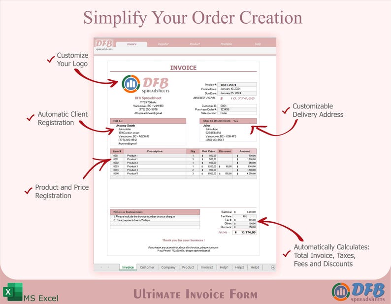 Customizable Invoice Spreadsheet Excel | Automated Issuance With ...