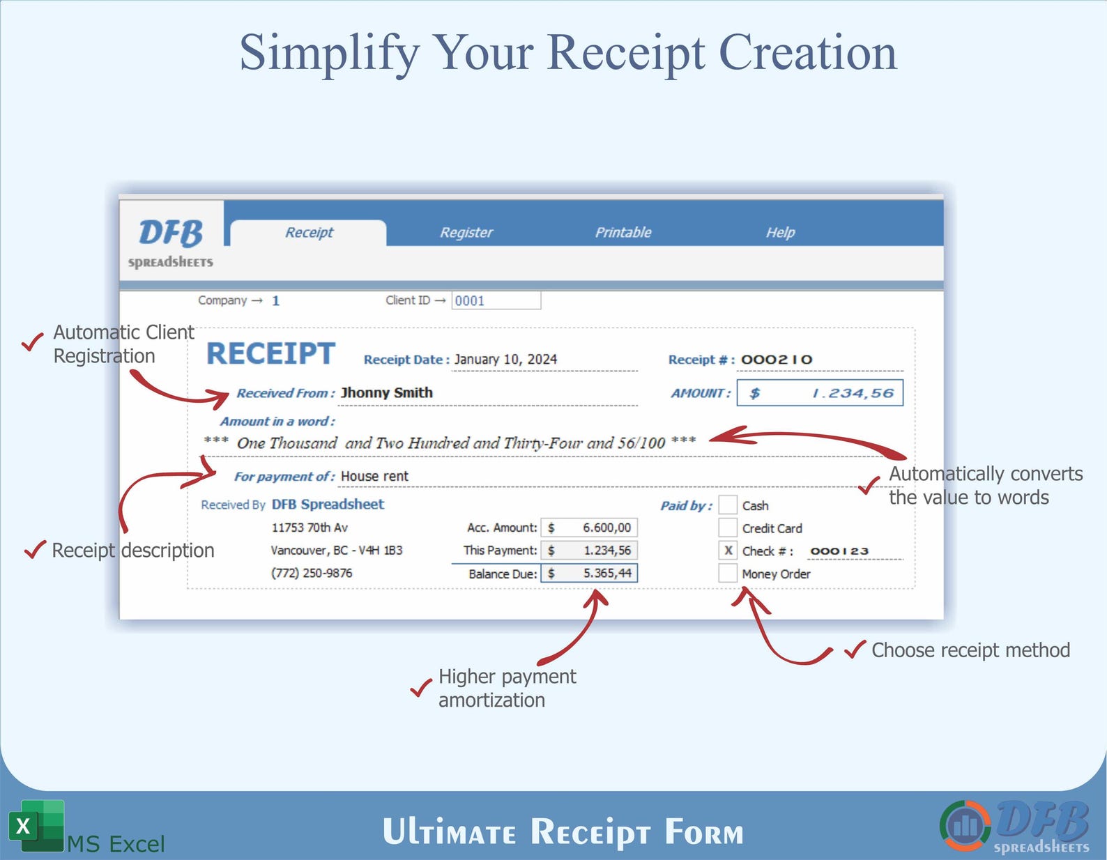 Customizable Receipt Spreadsheet in Excel Receipt With Automatic ...