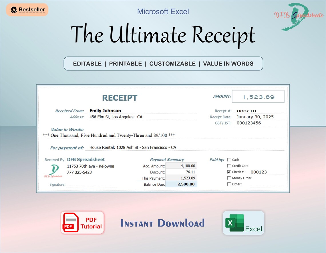 Customizable Receipt Spreadsheet in Excel Receipt With Automatic ...