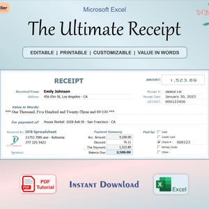 Customizable Receipt Spreadsheet in Excel Receipt With Automatic ...