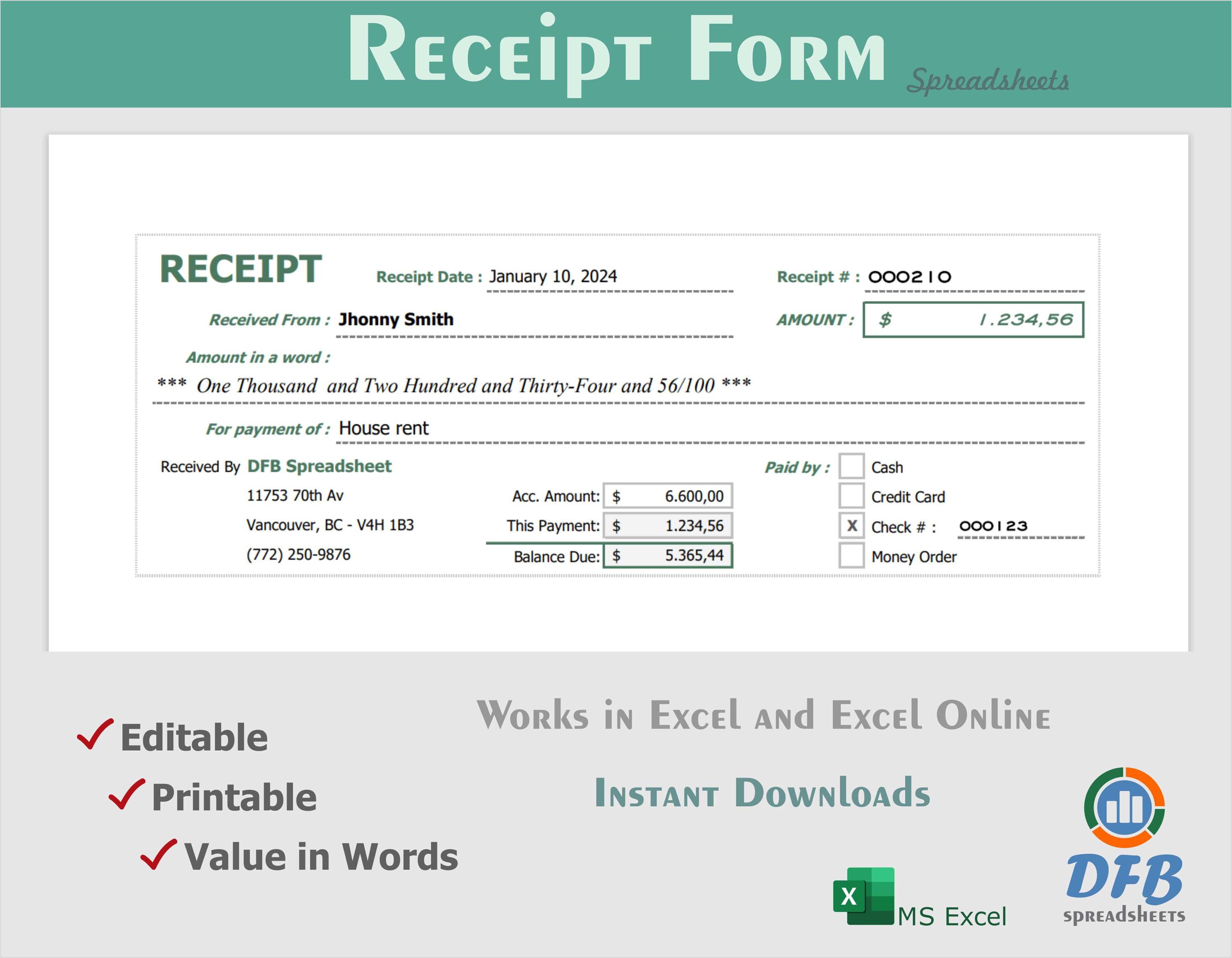 Customizable Receipt Spreadsheet, Automatic Amount in Words Generation ...