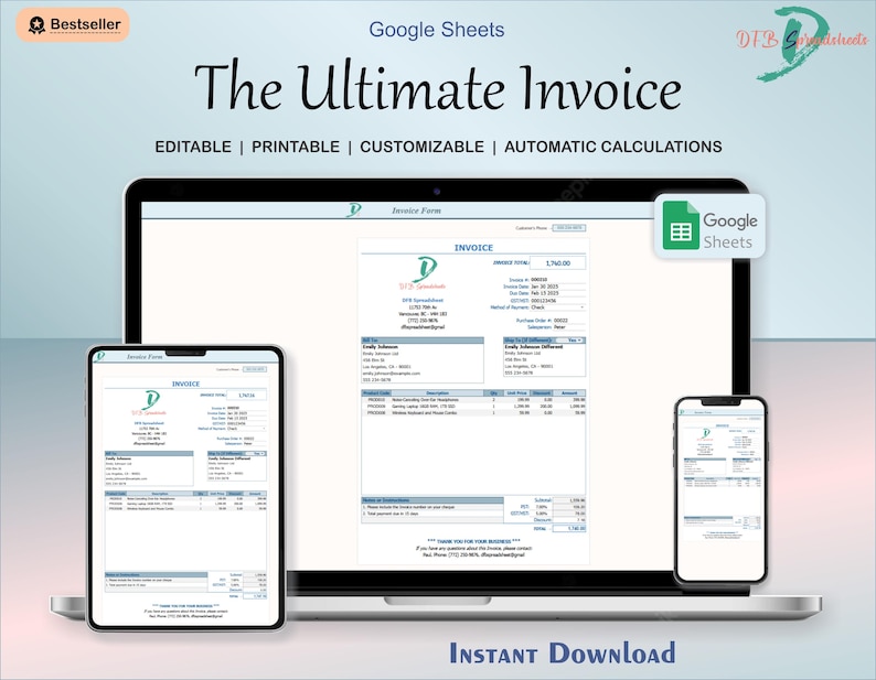Professional Invoice Template Google Sheets Customizable Autofill Tax Discount Automated ...