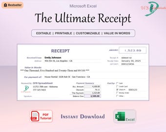 Customizable Receipt Spreadsheet in Excel Receipt With Automatic ...
