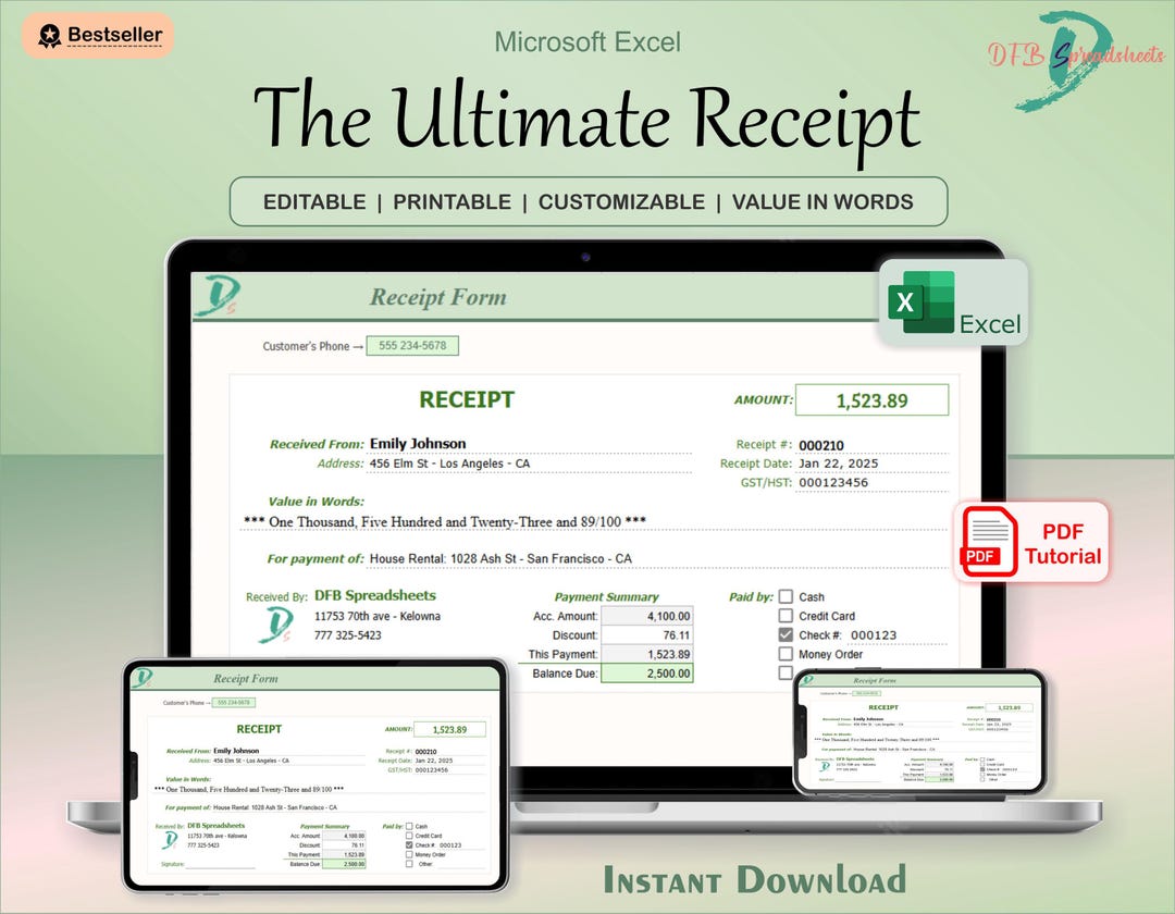 Customizable Receipt Spreadsheet, Automatic Amount in Words Generation ...