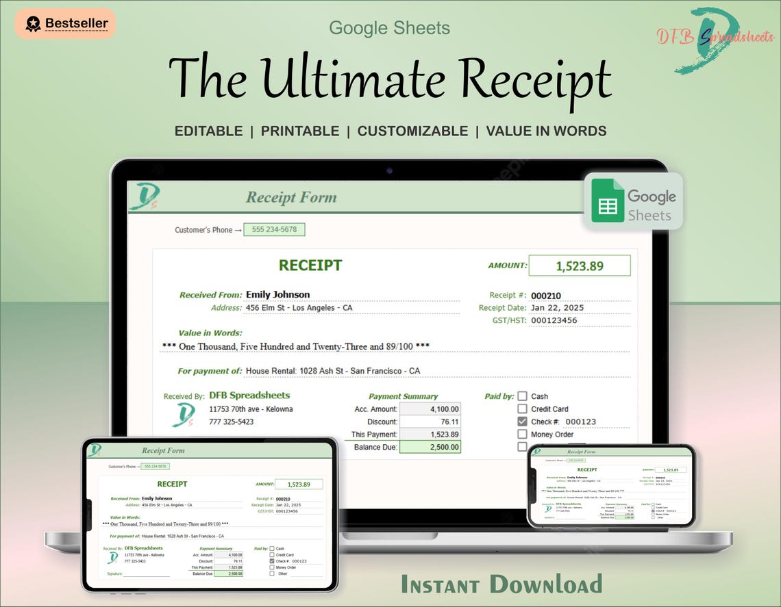 Professional Receipt Form Template Google Sheets Automatic Value in ...