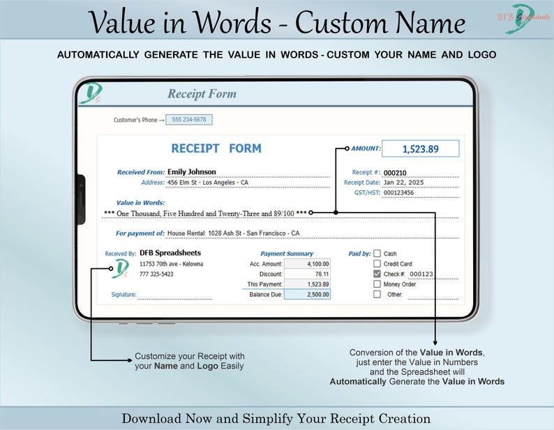 Customizable Receipt Spreadsheet in Excel Receipt With Automatic ...
