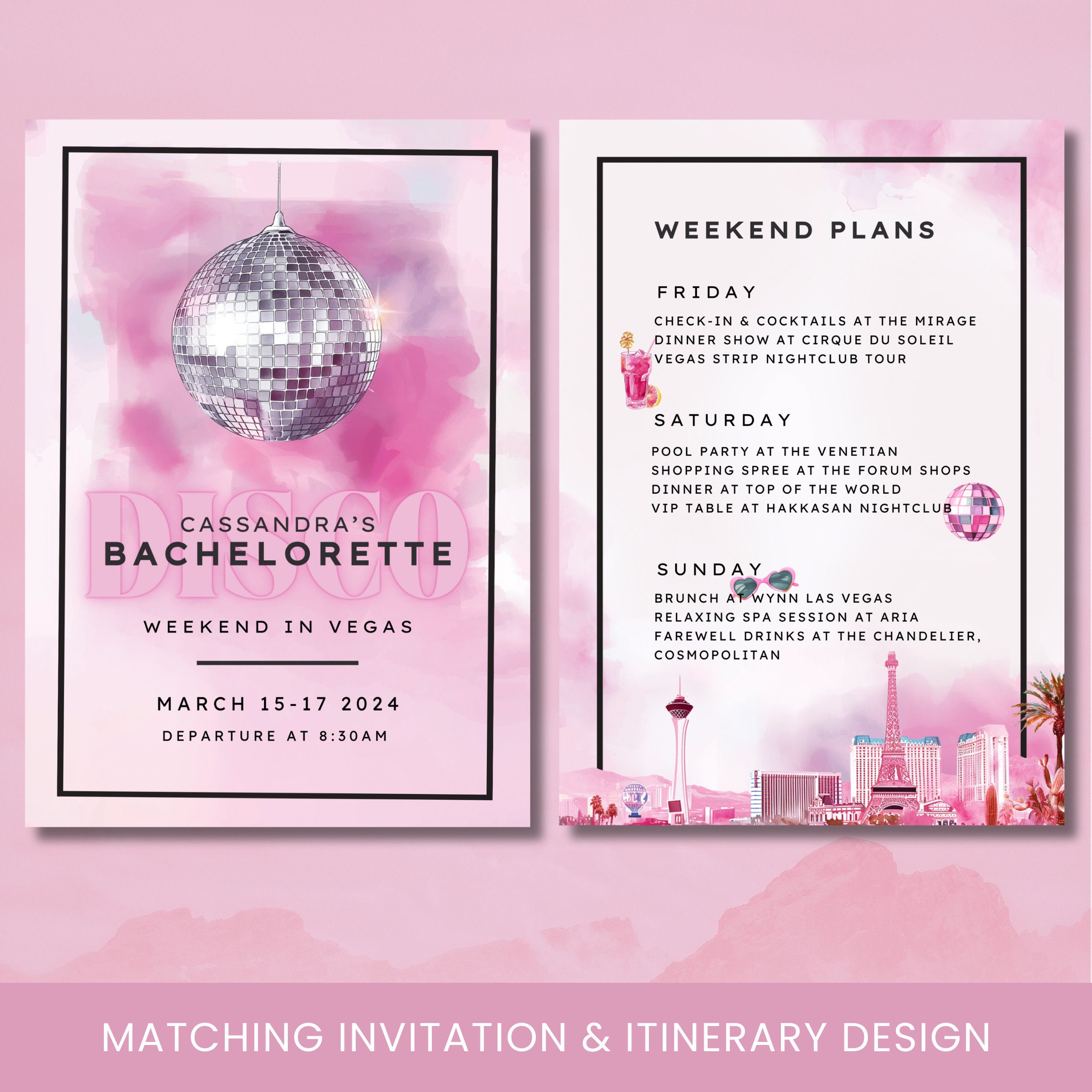 Bachelorette Itinerary Las Vegas Disco Pink Theme Invitation Set ...