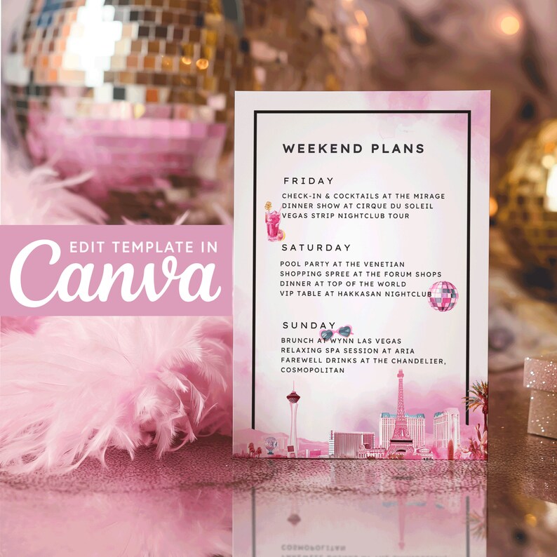 Disco Bachelorette Itinerary Las Vegas Pink Watercolor Themed Schedule ...