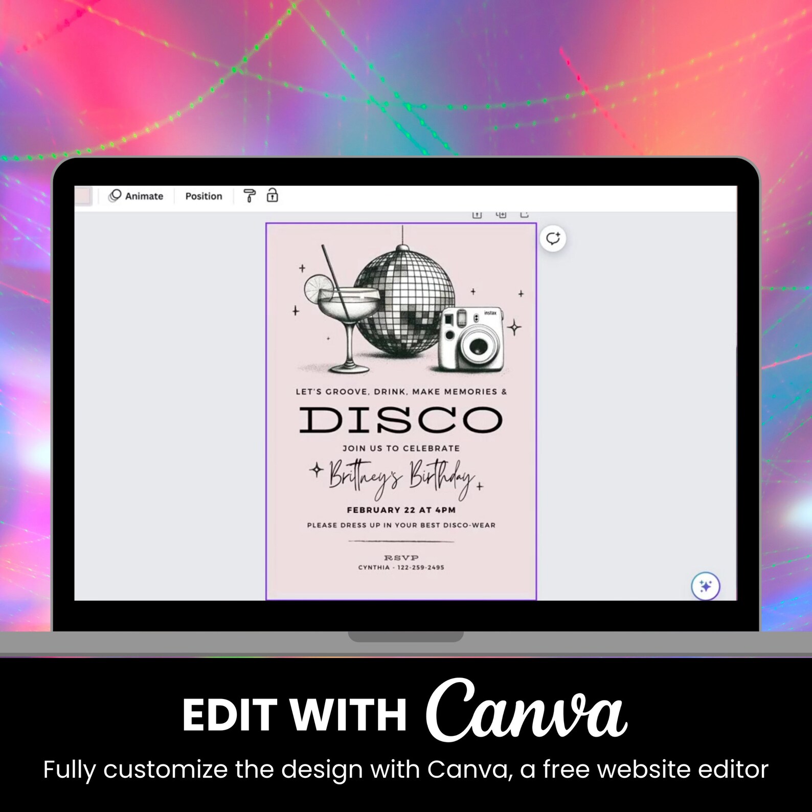 Retro 70s Disco Party Editable Invitation - Minimalist Adult Birthday ...