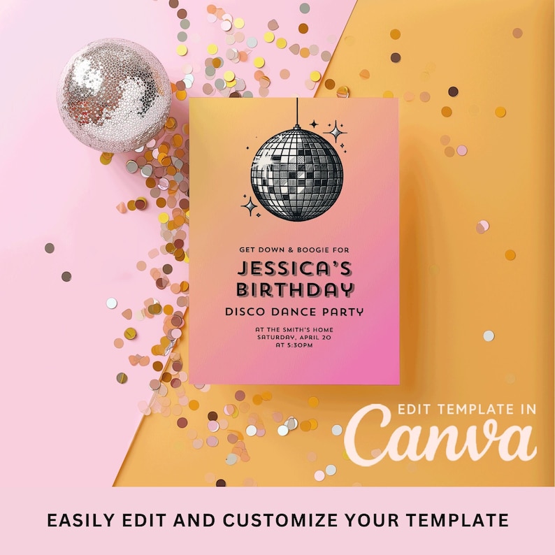 Disco Trendy Birthday Party Invitation Hand-drawn Minimalist Disco Ball ...
