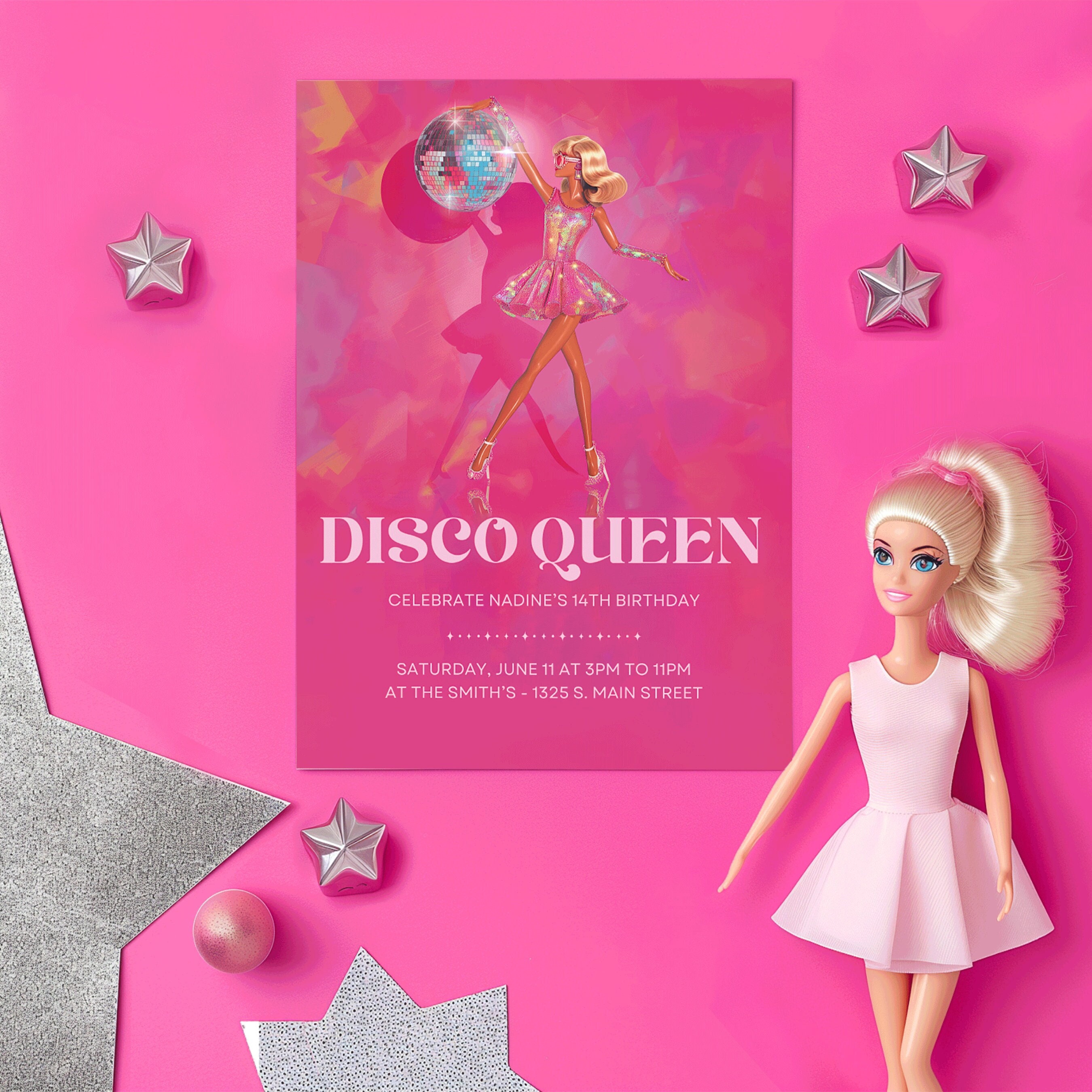 Disco Fashion Doll Birthday Invitation, Sparkle Pink Invitation ...