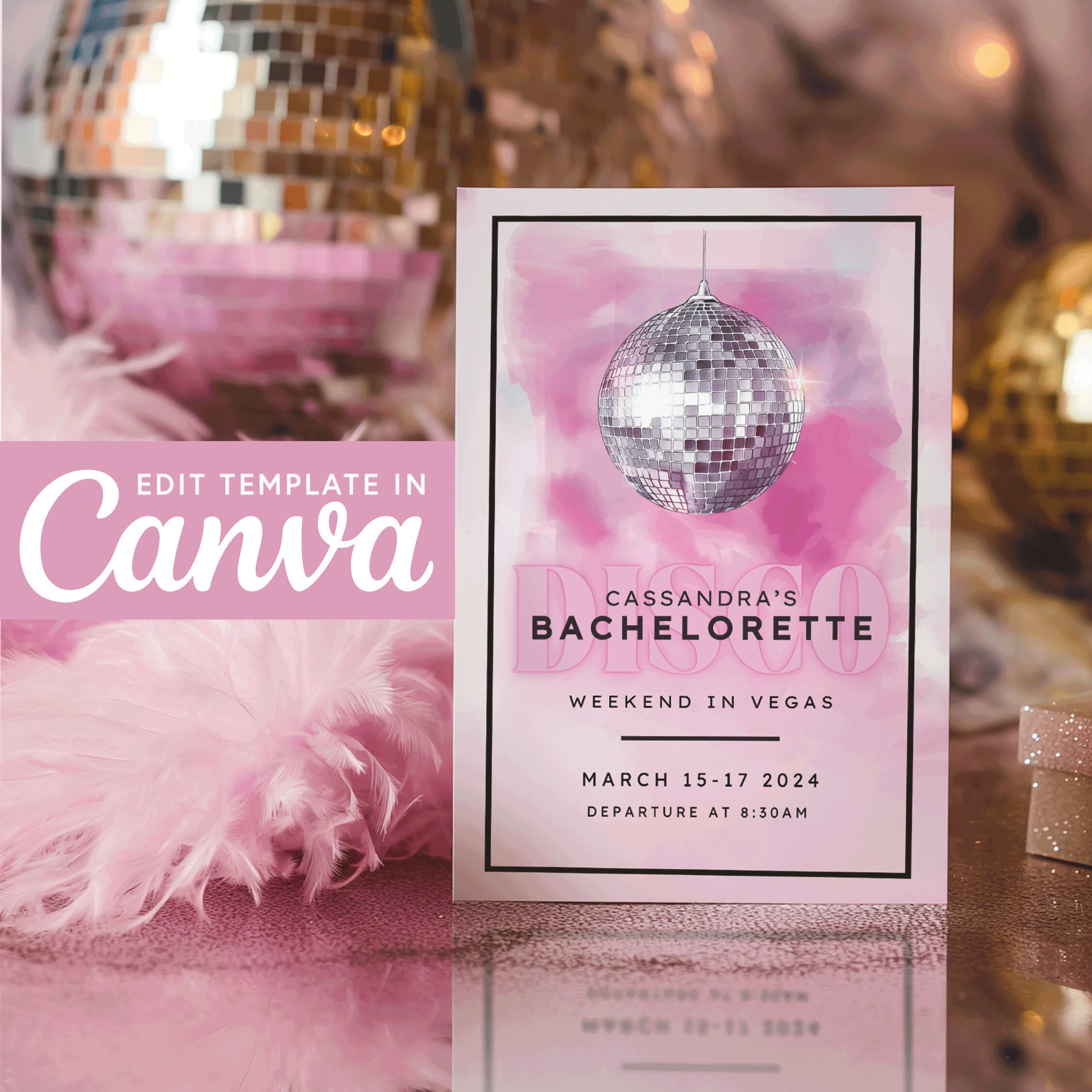 Bachelorette Itinerary Las Vegas Disco Pink Theme Invitation Set ...