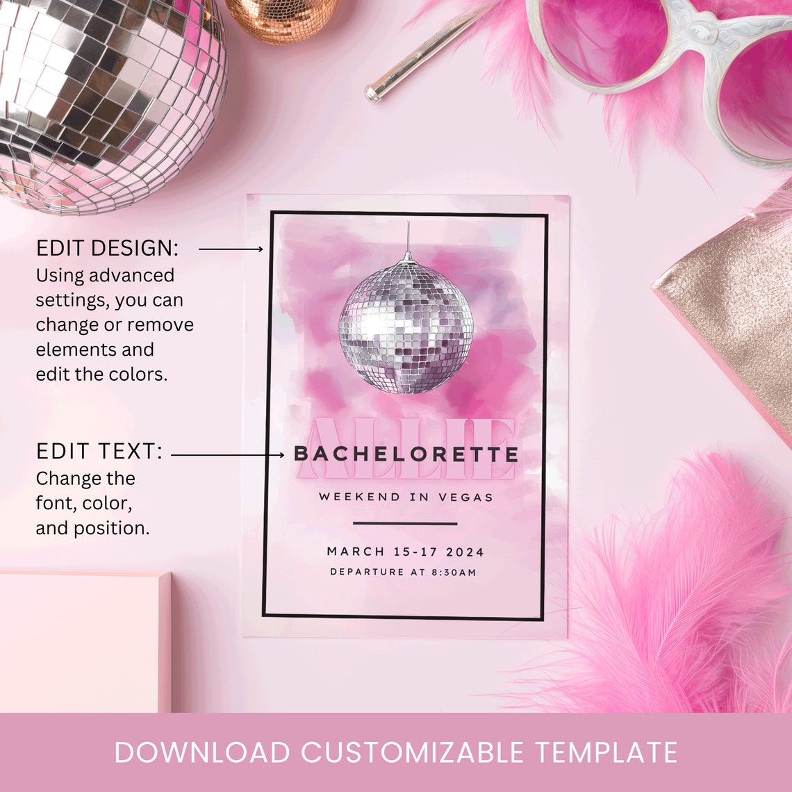 Bachelorette Itinerary Las Vegas Disco Pink Theme Invitation Set ...