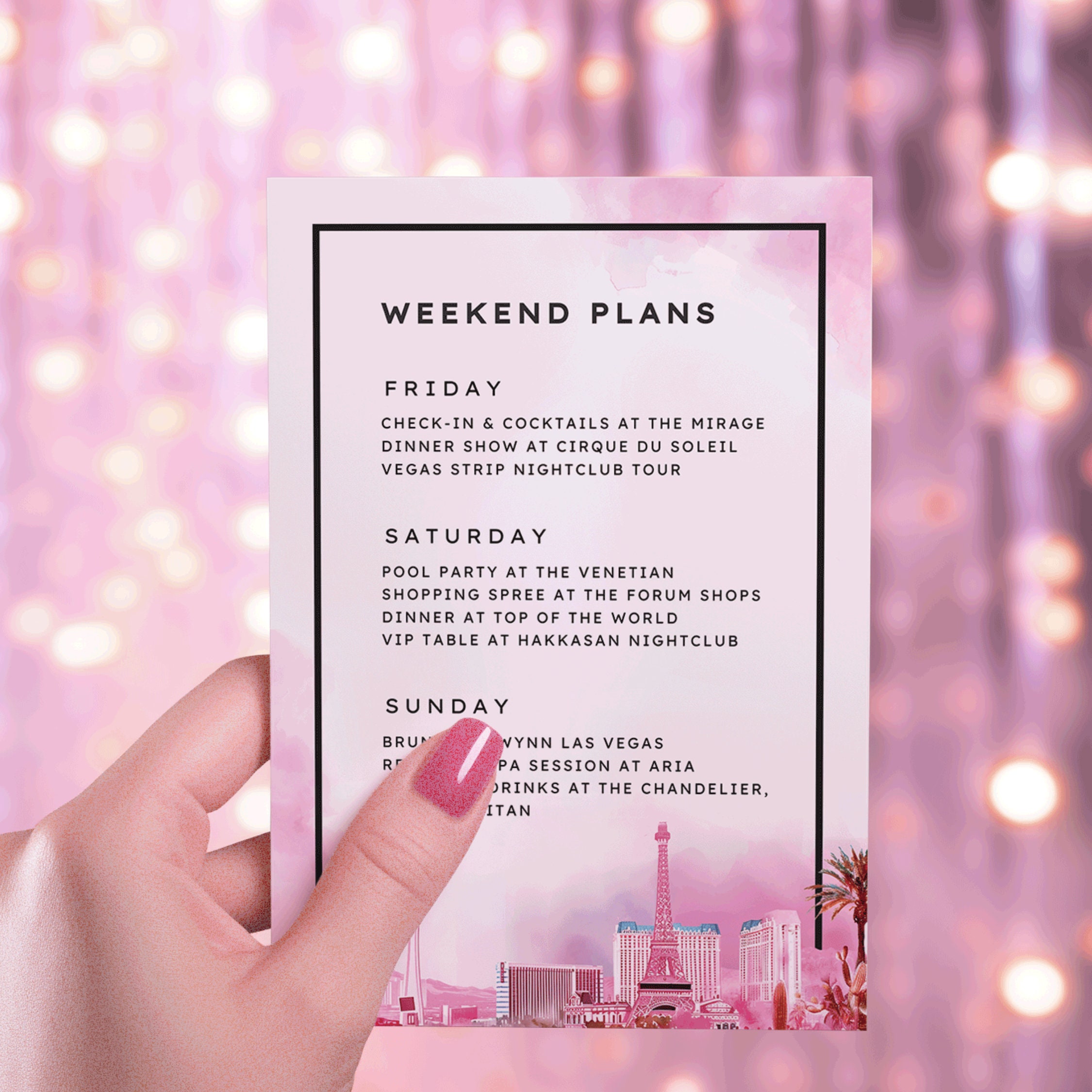 Disco Bachelorette Itinerary Las Vegas Pink Watercolor Themed Schedule ...