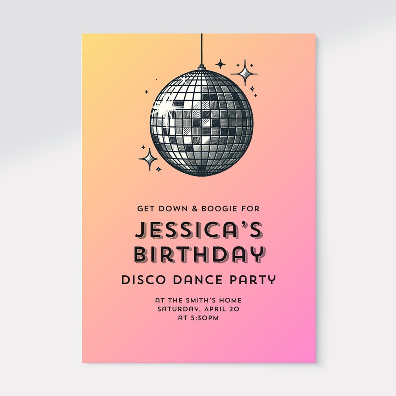Disco Trendy Birthday Party Invitation Hand-drawn Minimalist Disco Ball ...