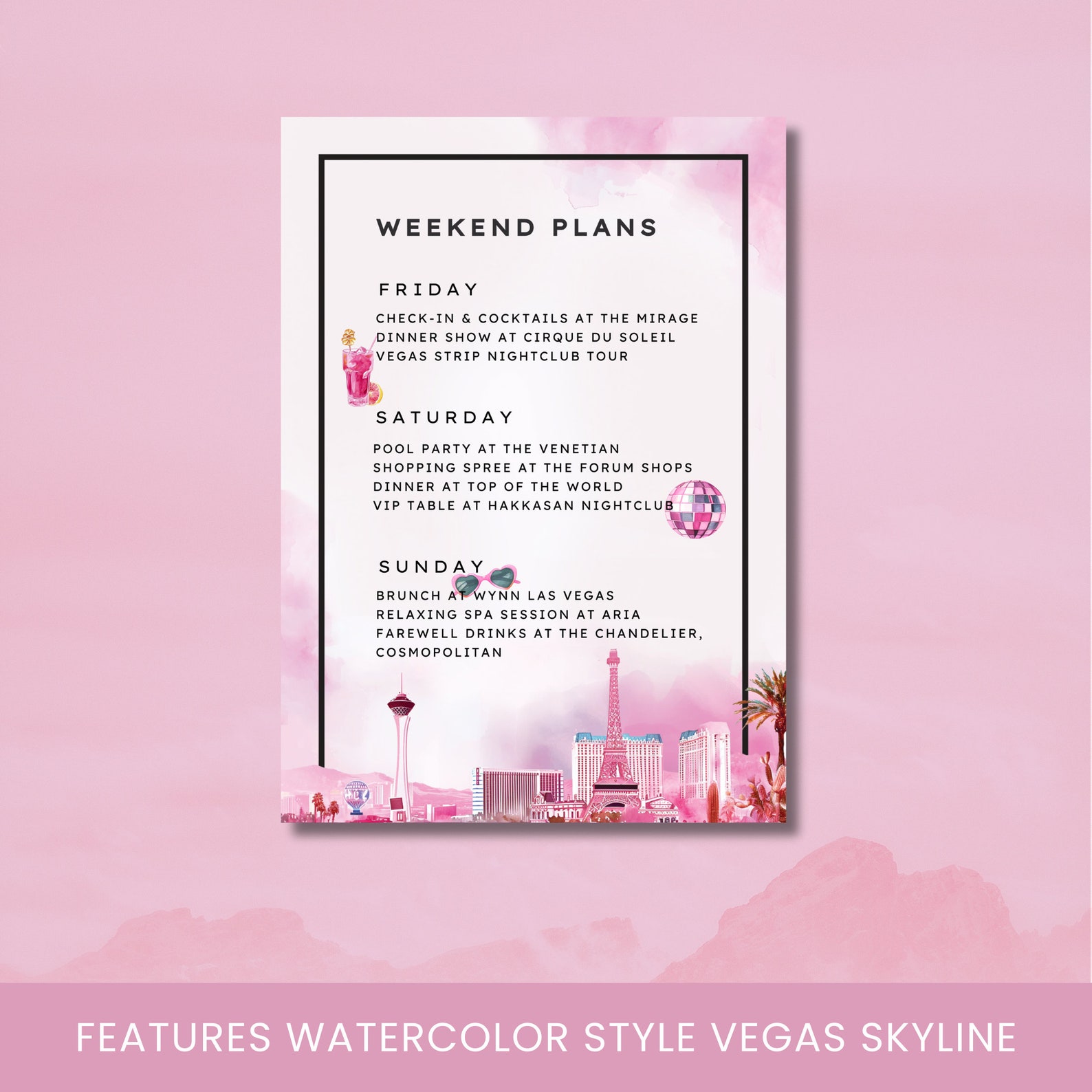 Disco Bachelorette Itinerary Las Vegas Pink Watercolor Themed Schedule ...