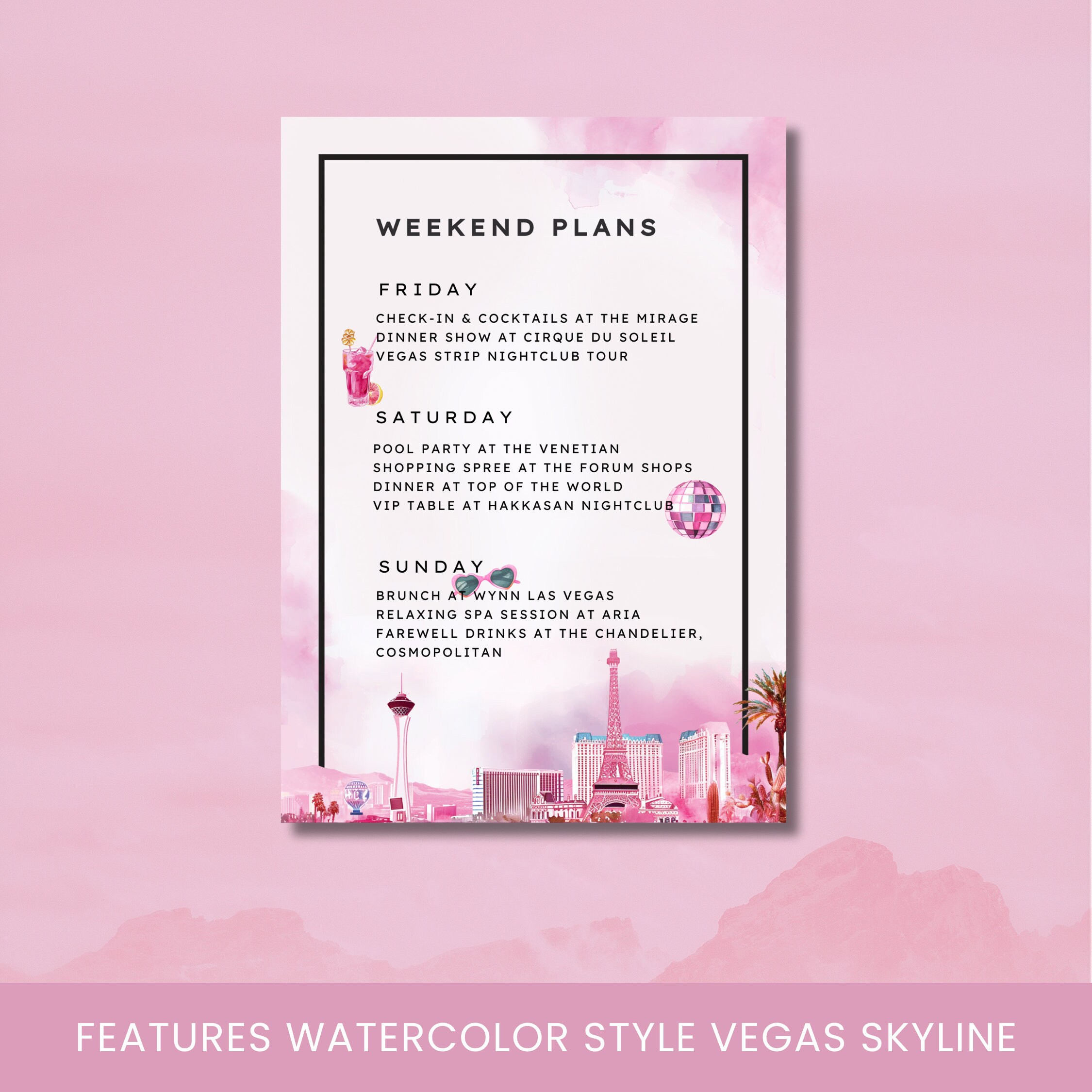Disco Bachelorette Itinerary Las Vegas Pink Watercolor Themed Schedule ...