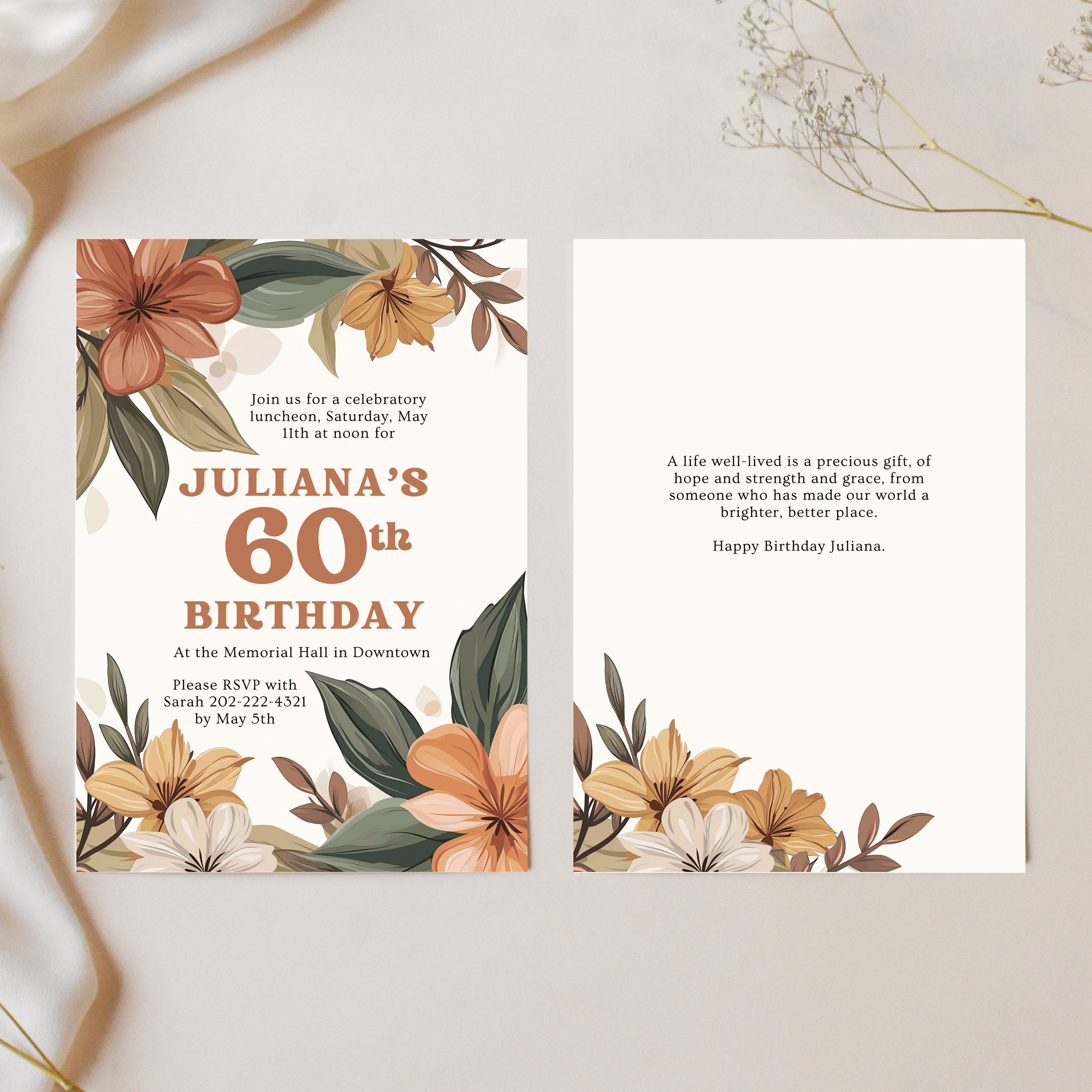 60th Birthday Invitation Elegant Floral Customizable Canva Digital ...