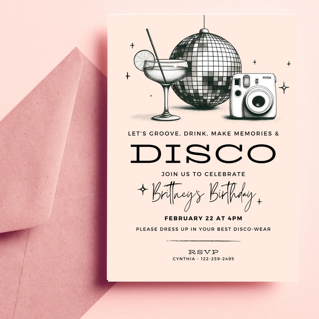 Retro 70s Disco Party Editable Invitation - Minimalist Adult Birthday ...
