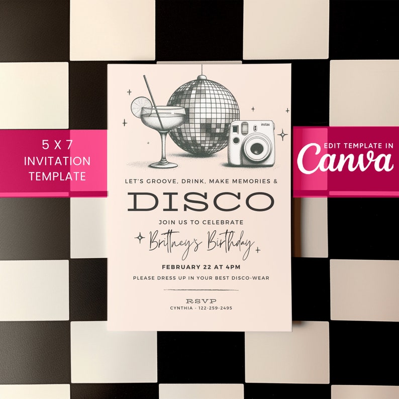 Retro 70s Disco Party Editable Invitation - Minimalist Adult Birthday ...