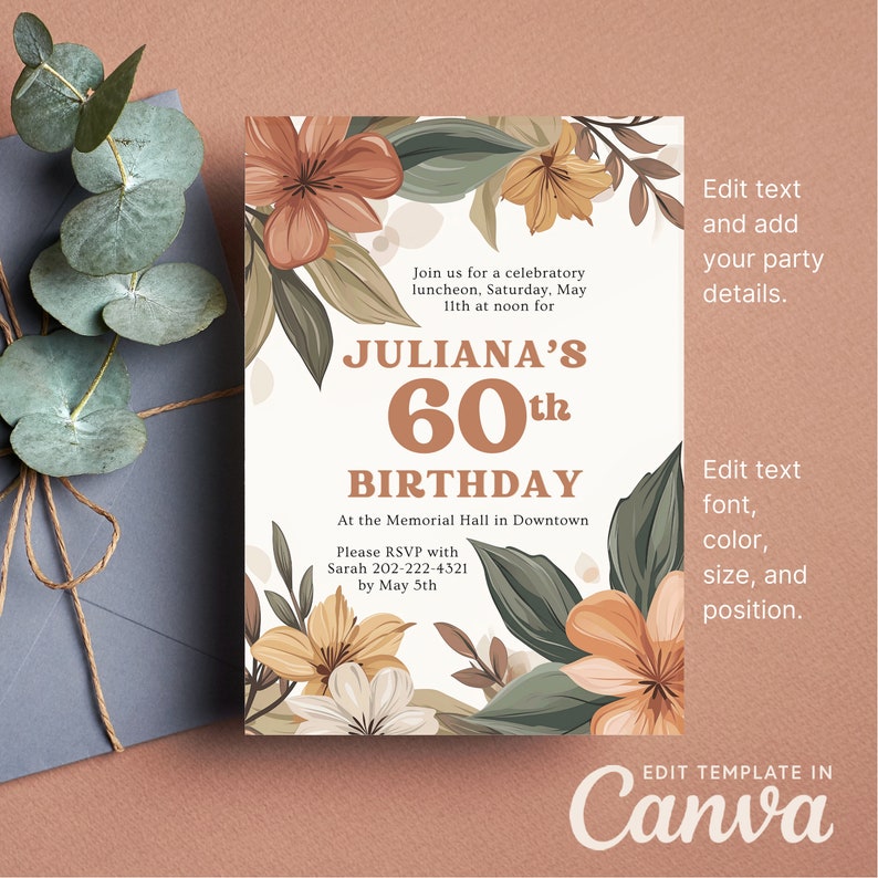 60th Birthday Invitation Elegant Floral Customizable Canva Digital ...