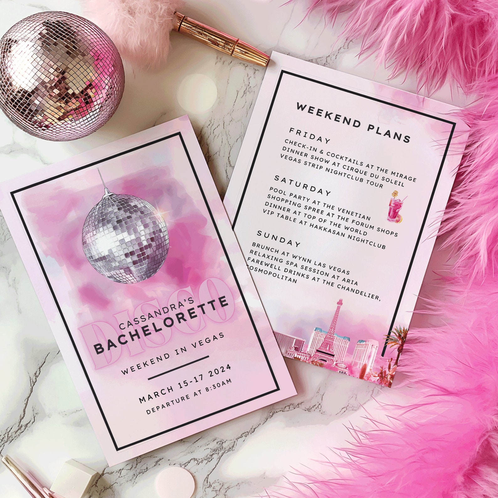 Bachelorette Itinerary Las Vegas Disco Pink Theme Invitation Set ...