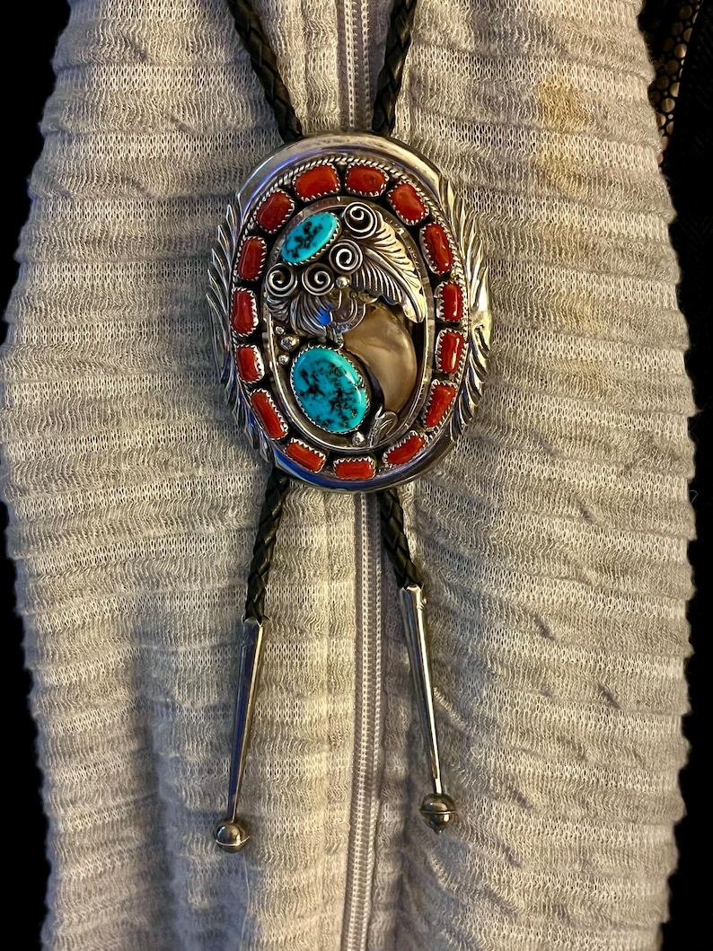 Vintage Zuni Turquoise Bolo Tie | Sterling Silver Bear Claw, Leather ...