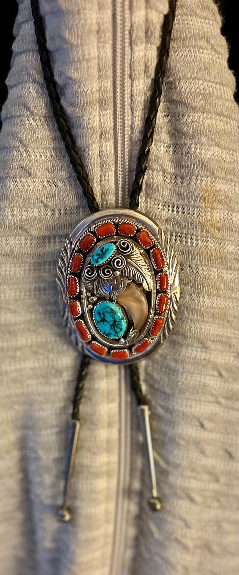 Vintage Zuni Turquoise Bolo Tie | Sterling Silver Bear Claw, Leather ...