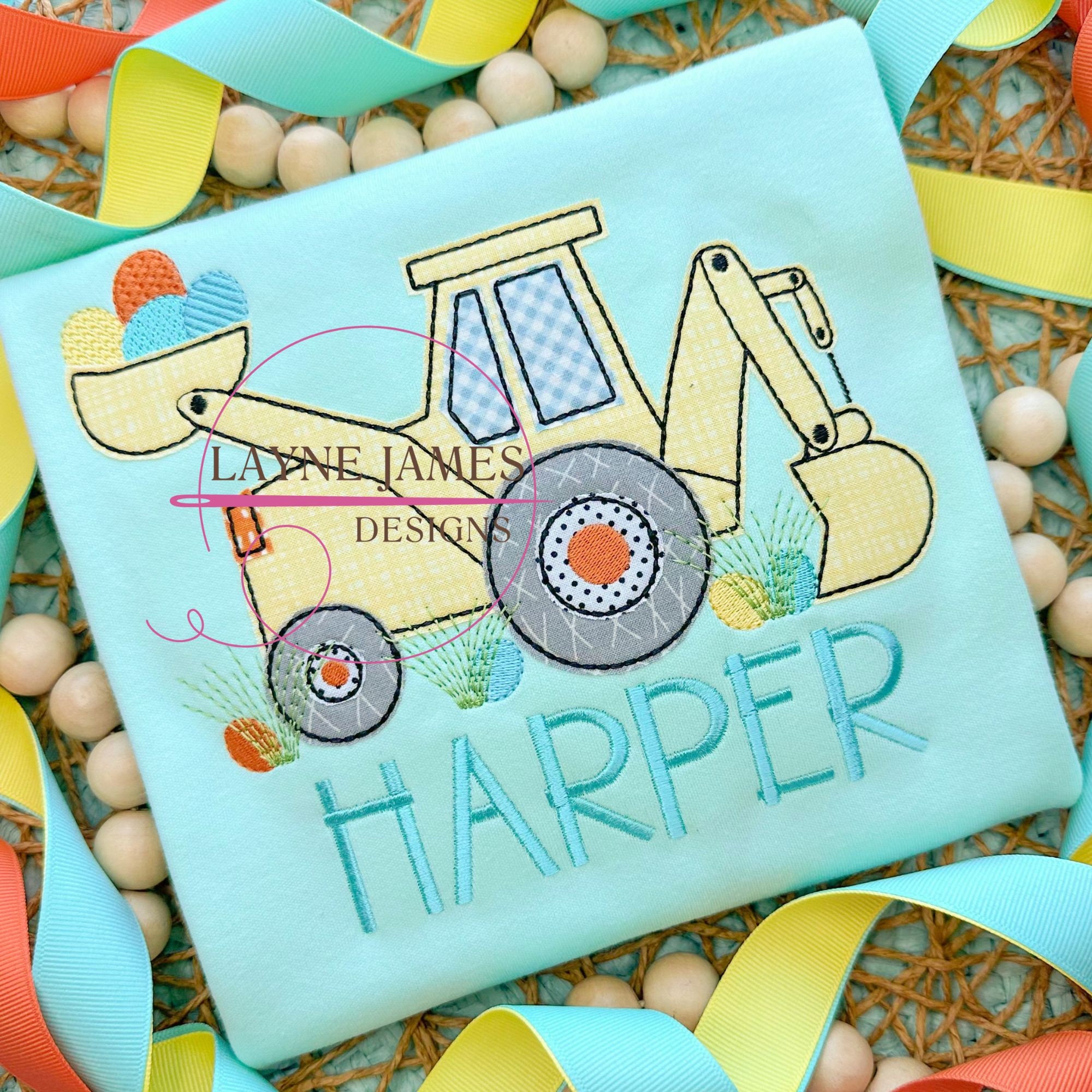 Easter Egg Backhoe With Grass Bean Stitch Applique Quick Stitch Vintage ...