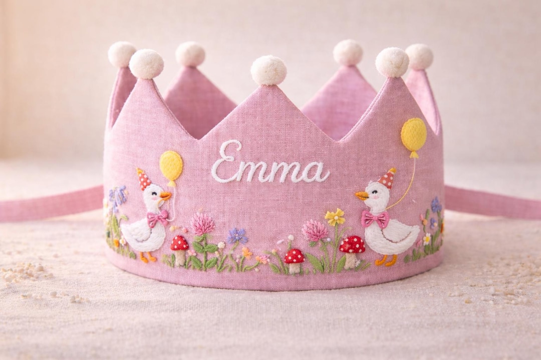 Embroidered Linen Birthday Crown, Personalized Baby Name Keepsake ...