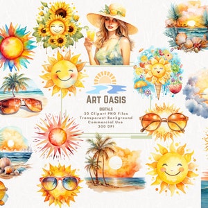 Watercolor Summer Sun Bright Sunshine Tropical Clipart Bundle of 20 ...