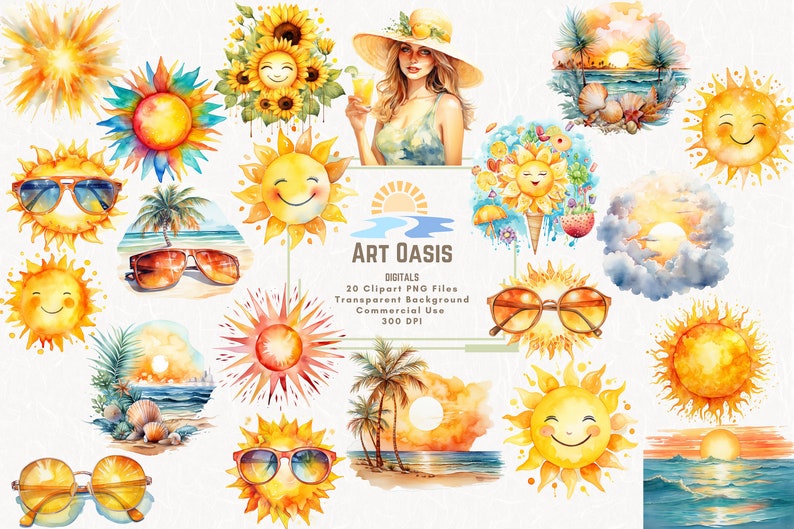 Watercolor Summer Sun Bright Sunshine Tropical Clipart Bundle - Etsy