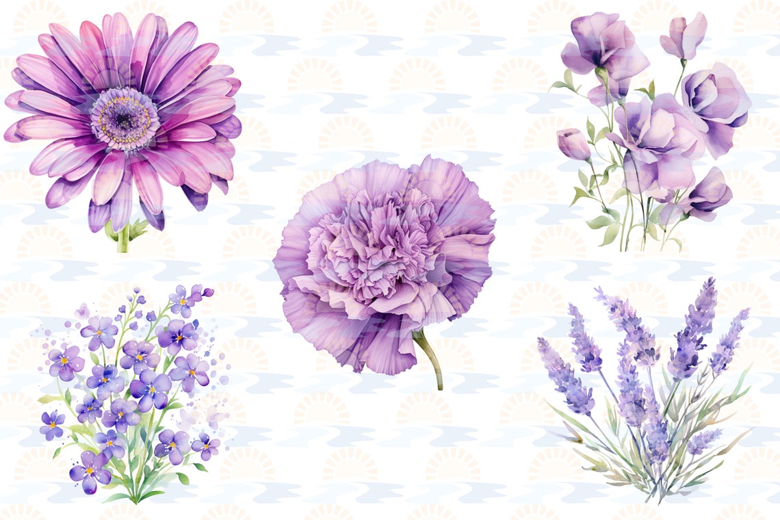 Watercolor Colorful Purple Lavender Flowers Floral Clipart Bundle of 20 ...