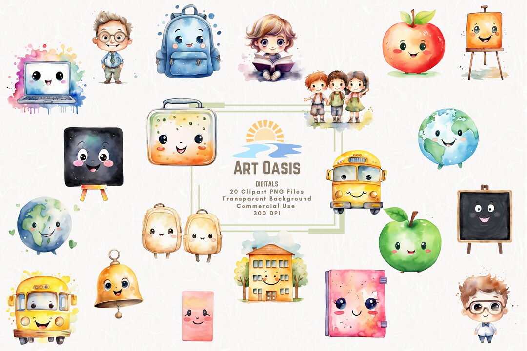 Watercolor Cute Back to School Supplies Clipart Bundle of 20 ...