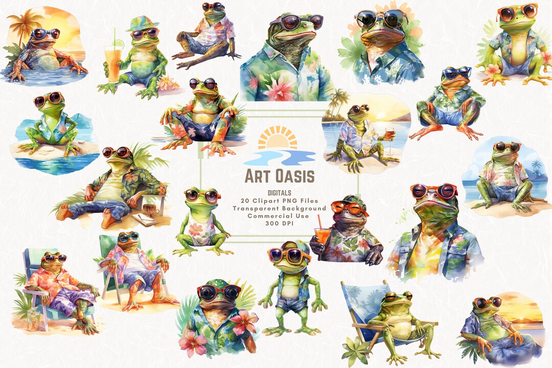 Watercolor Tropical Beach Frogs Sunset Summer Drink Clipart Bundle of ...