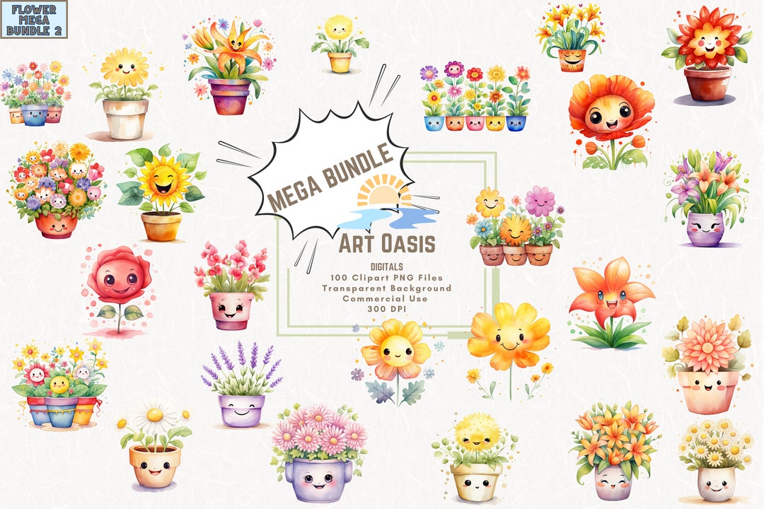 Watercolor Cute Colorful Cartoon Chibi Flower Floral Mega Bundle of 100 ...