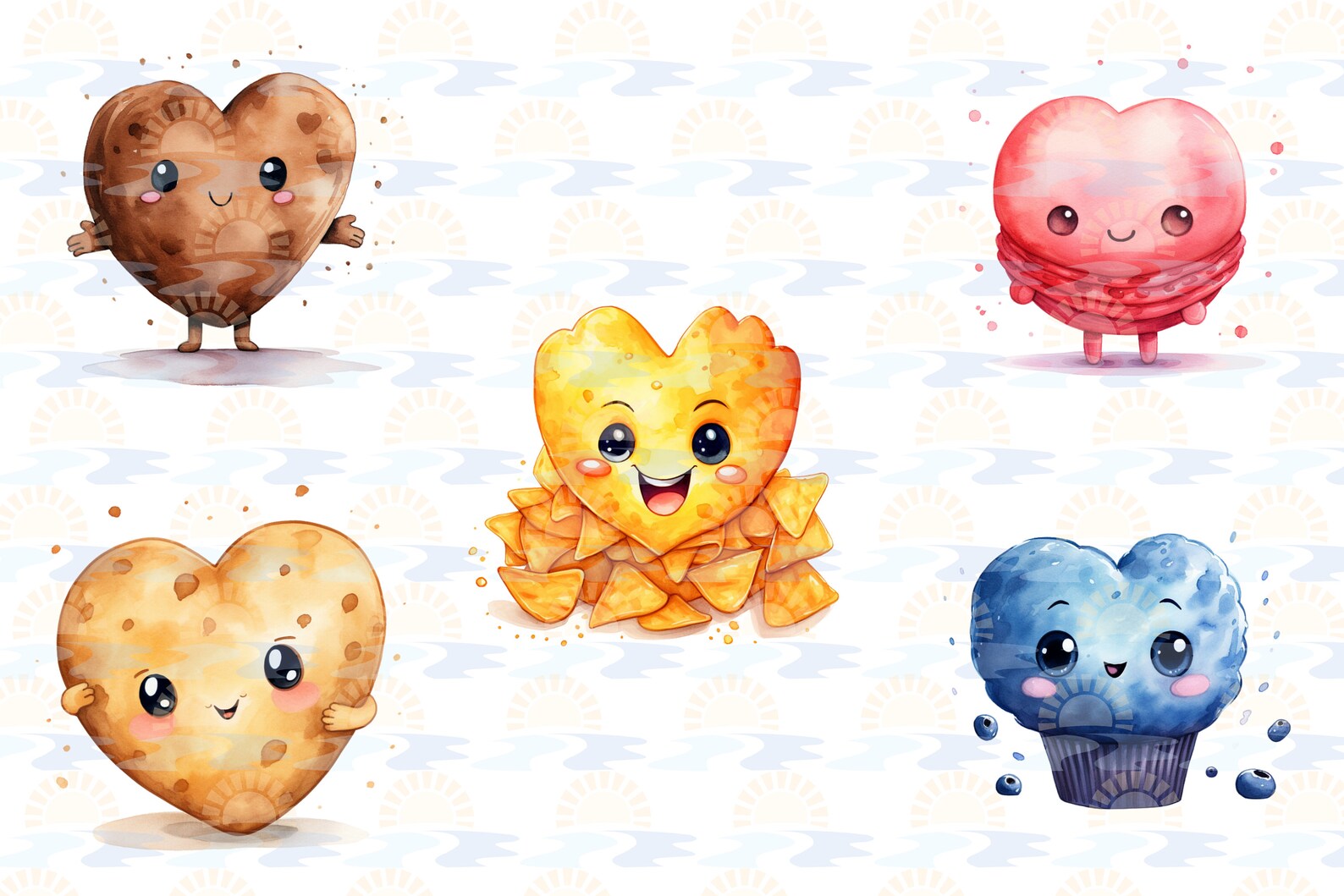 Valentines Day Cute Heart Shaped Food Chibi Watercolor Clipart Bundle ...