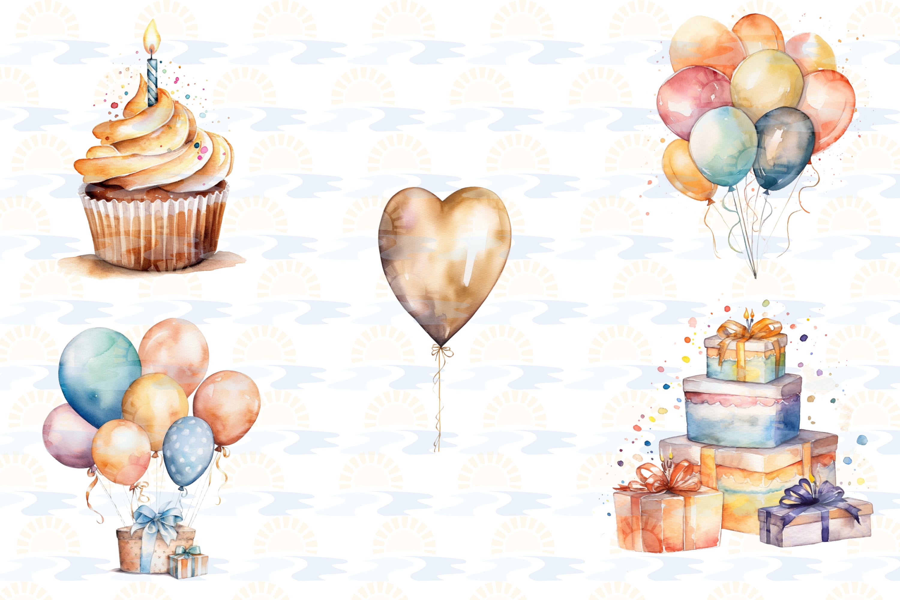 Watercolor Birthday Party Cake Present Balloons Clipart Bundle - Etsy