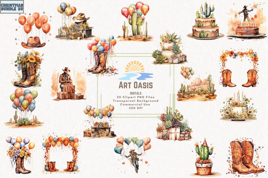 Watercolor Western Birthday Party Cowboy Border Clipart Bundle of 20 ...