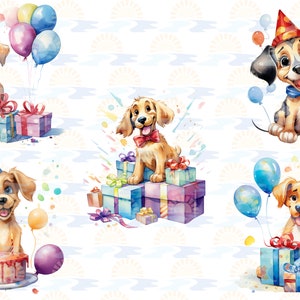 Cartoon Dog Birthday Presents Balloons Watercolor Clipart Bundle of 20 ...