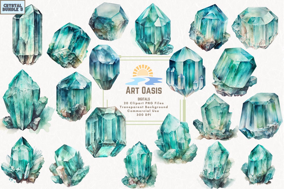 Watercolor Aquamarine Crystal March Birthstone Clipart Bundle of 20 ...