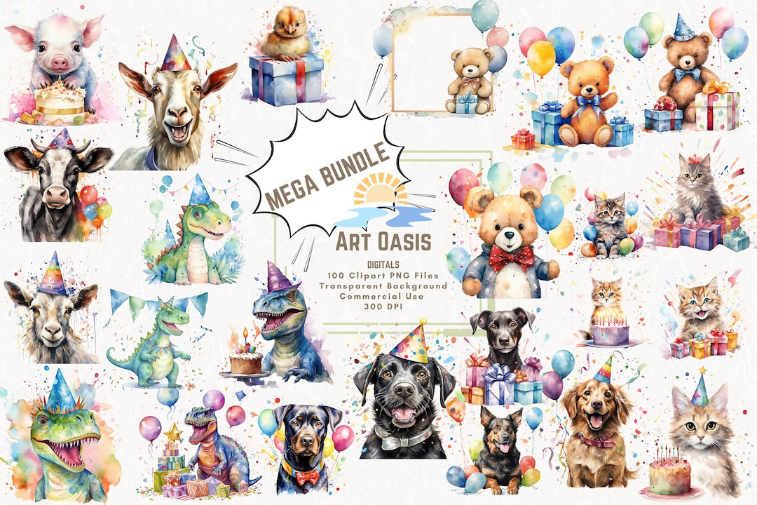 Watercolor Animal Dog Cat Birthday Party Clipart Mega Bundle of 100 ...